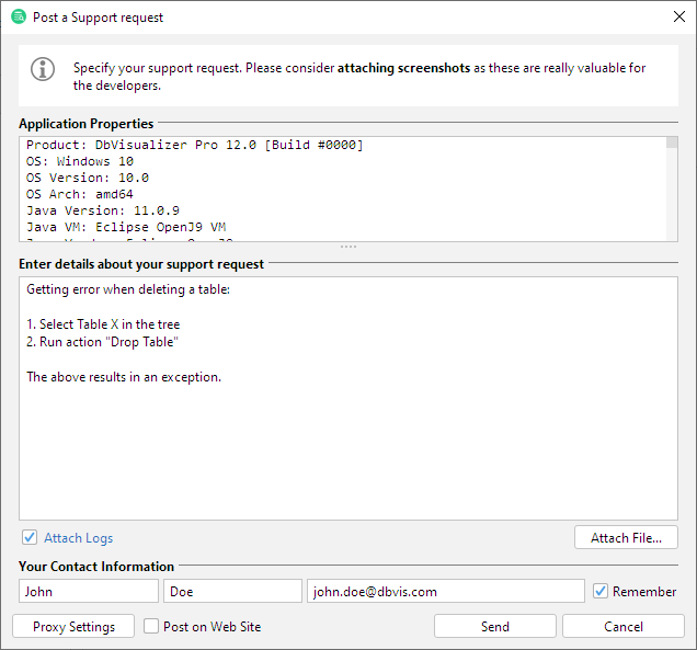 Reporting Issues and Contacting Support in DbVisualizer